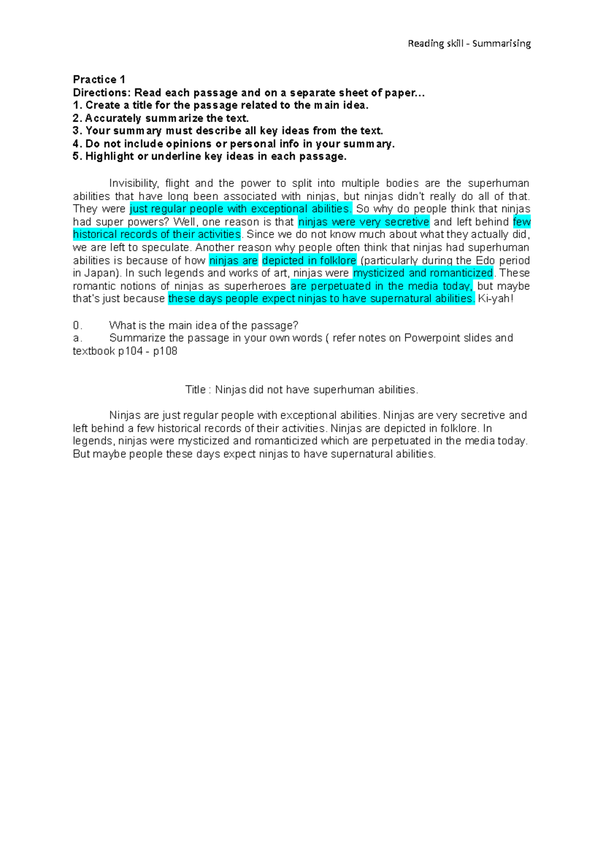 AIDA Syafiqah (Practice Summarising) - Reading skill - Summarising ...