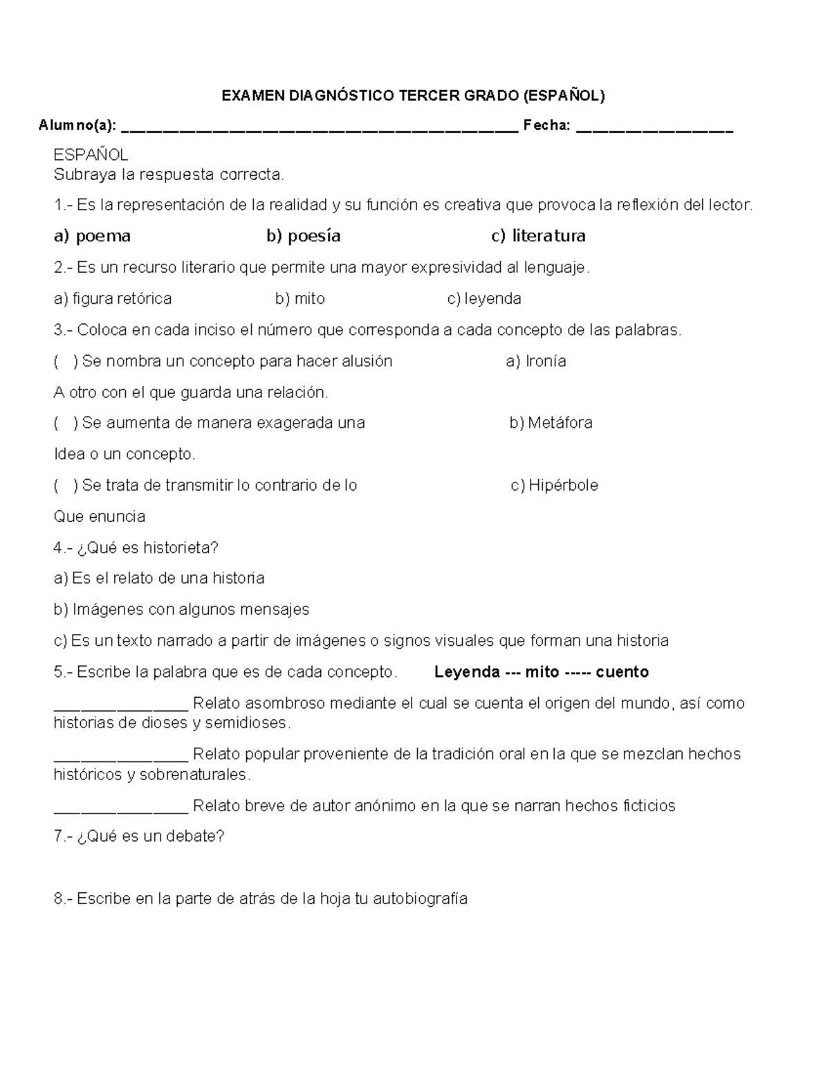 Examen Diagnostico 3B - EXAMEN DIAGNÓSTICO TERCER GRADO (ESPAÑOL ...