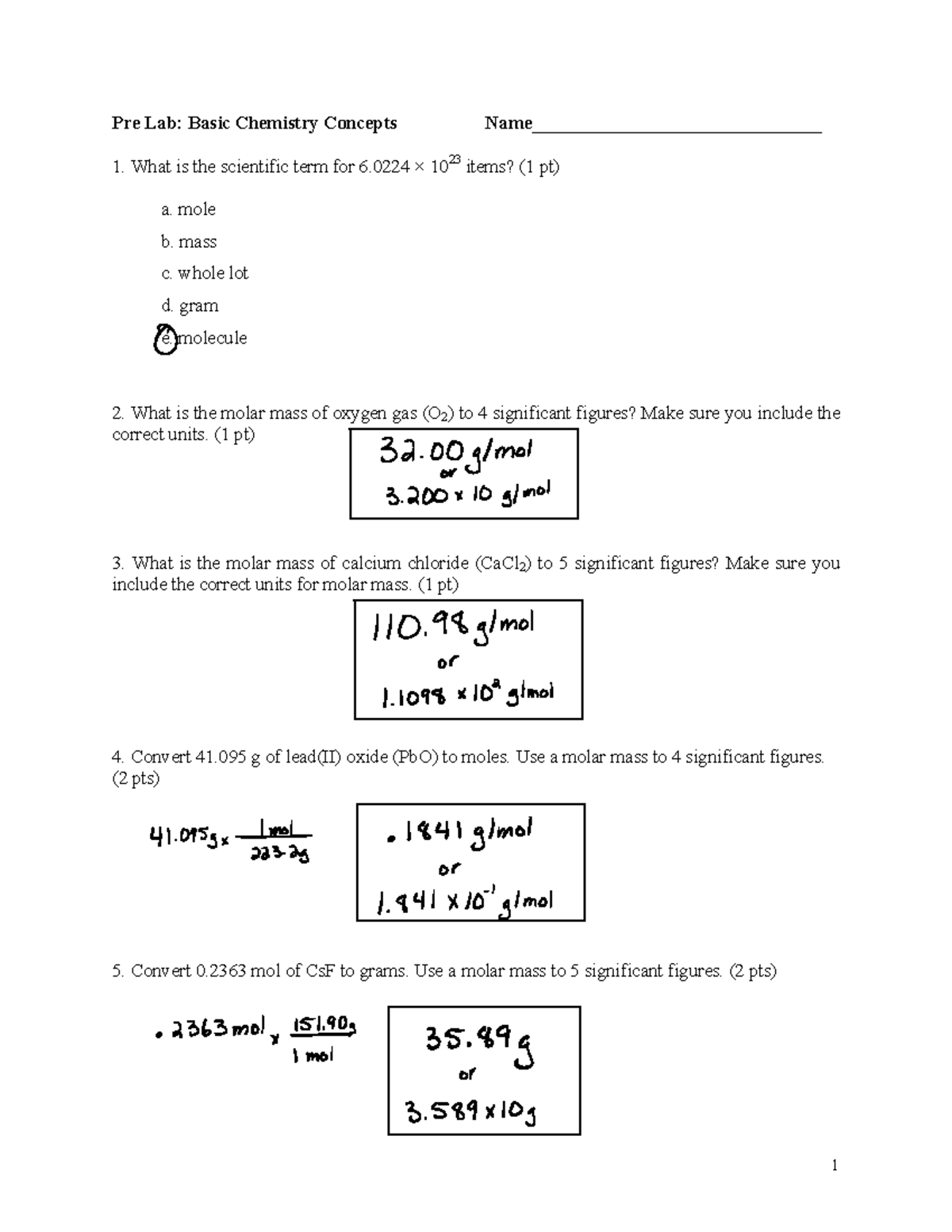 Chem Concepts Pre-Lab 3 - 1 Pre Lab: Basic Chemistry Concepts Name