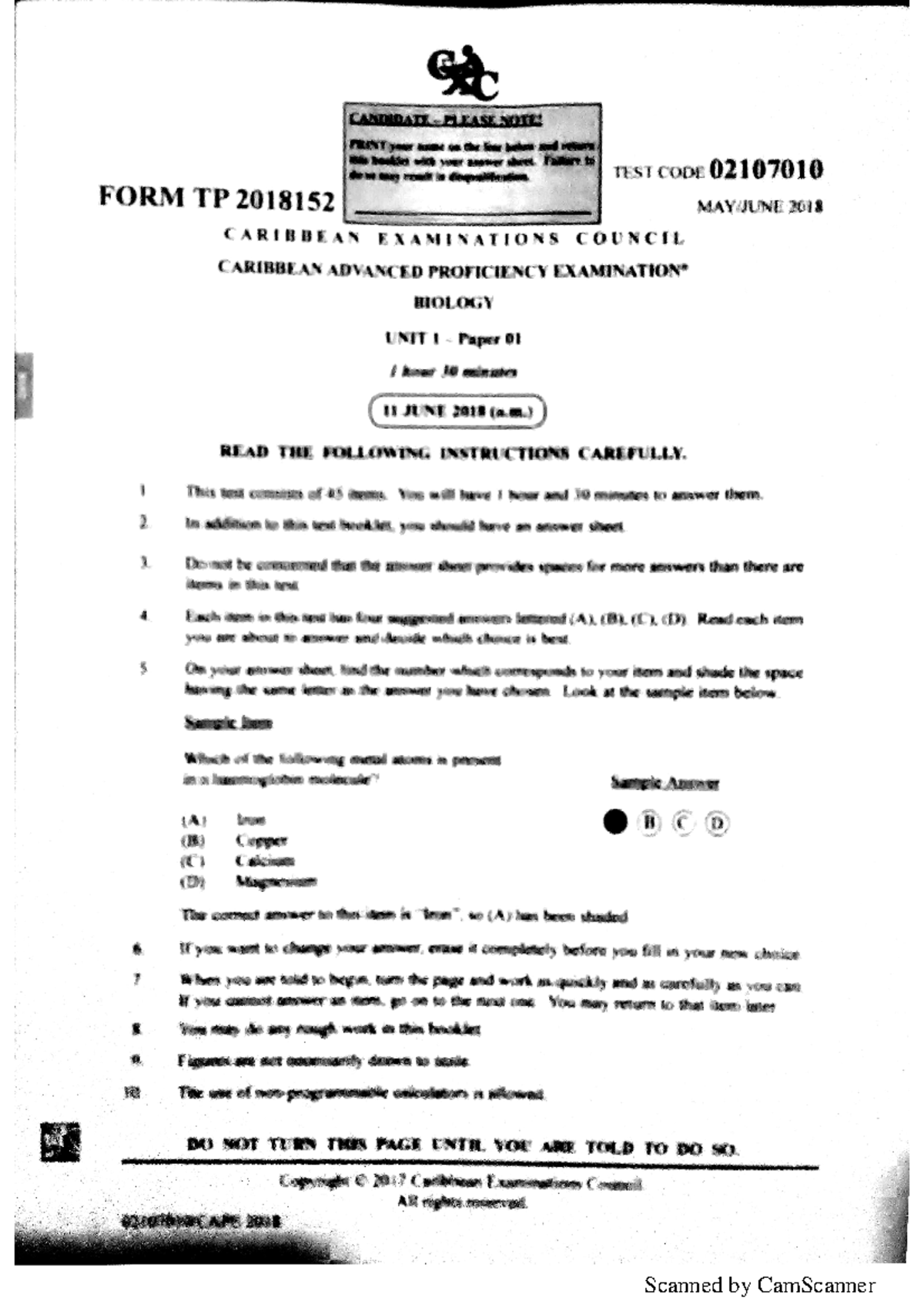 CAPE Biology 2018 U1 P1 - yweah - biology - Studocu