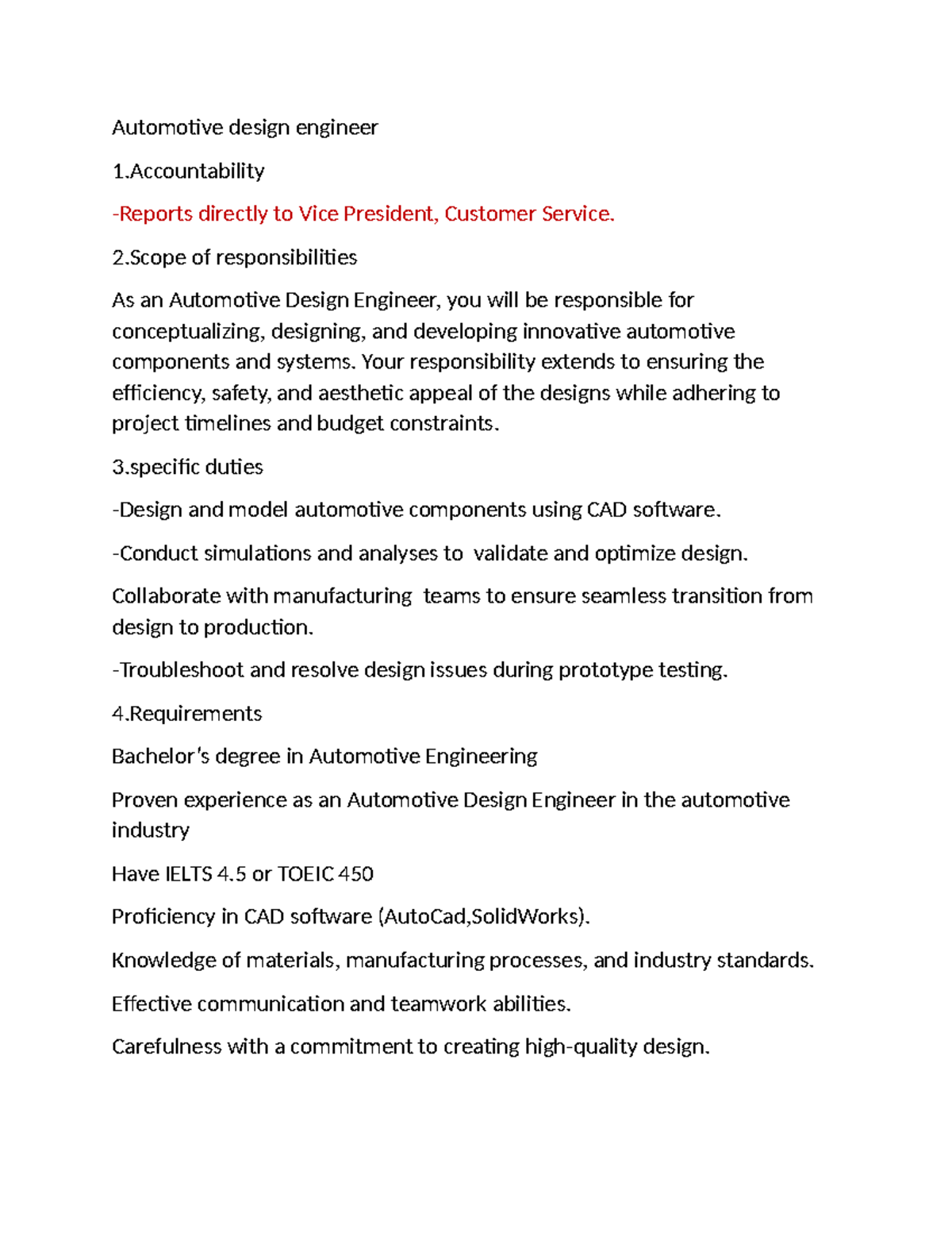 Job description - Automotive design engineer 1 -Reports directly to ...