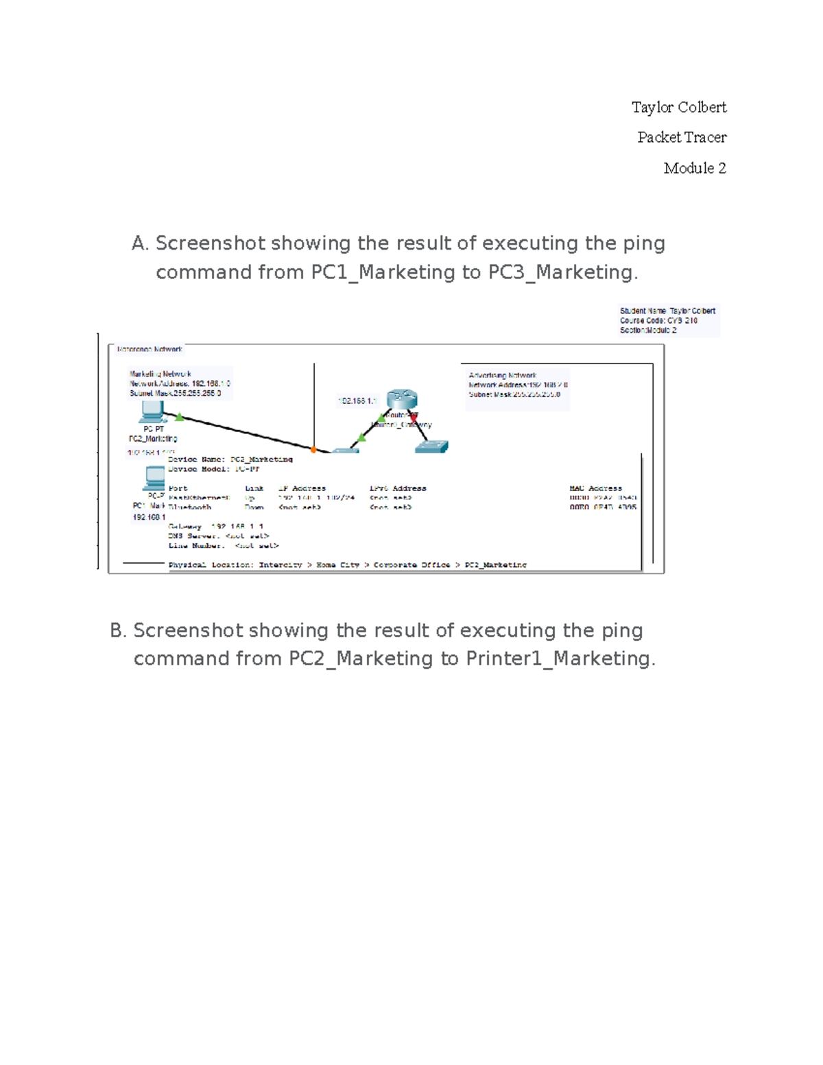 Packet Tracer Module 2 - CYB210 - Taylor Colbert Packet Tracer Module 2 ...