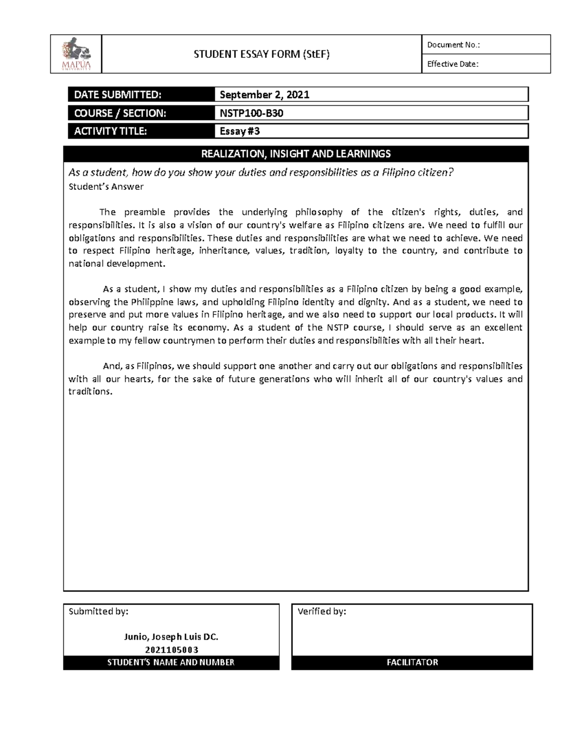 Junio Jl-NSTP1 00-B30-E3 - STUDENT ESSAY FORM (StEF) Document No ...