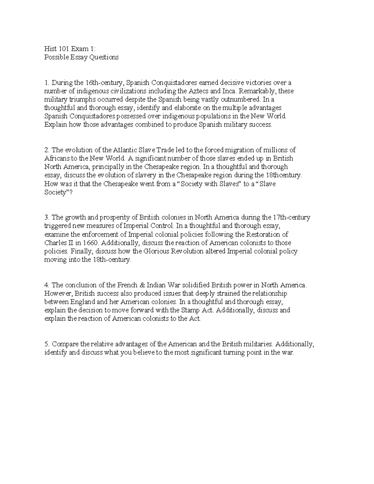 Hist 101 Exam 1 Possible Essays-1 - Hist 101 Exam 1: Possible Essay ...