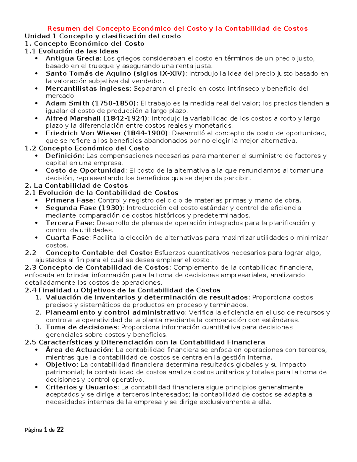 Resumen de Costos - Resumen del Concepto Económico del Costo y la Contabilidad de Costos Unidad ...