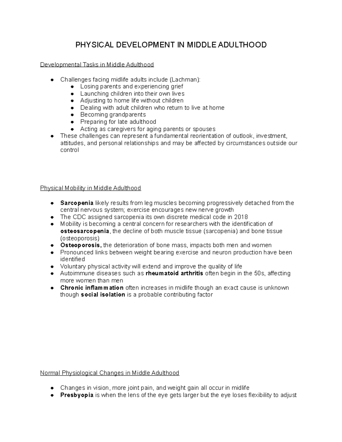 PSY 230 Module 9 Part 1 Notes Physical Development in Middle Adulthood ...
