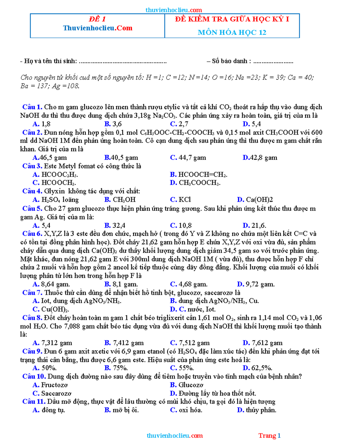 Thuvienhoclieu.com-Bo-de-Kiem-tra-Giua-HK1-Hoa-12-co-dap-an - ĐỀ 1 Thuvienhoclieu ĐỀ KIỂM TRA ...