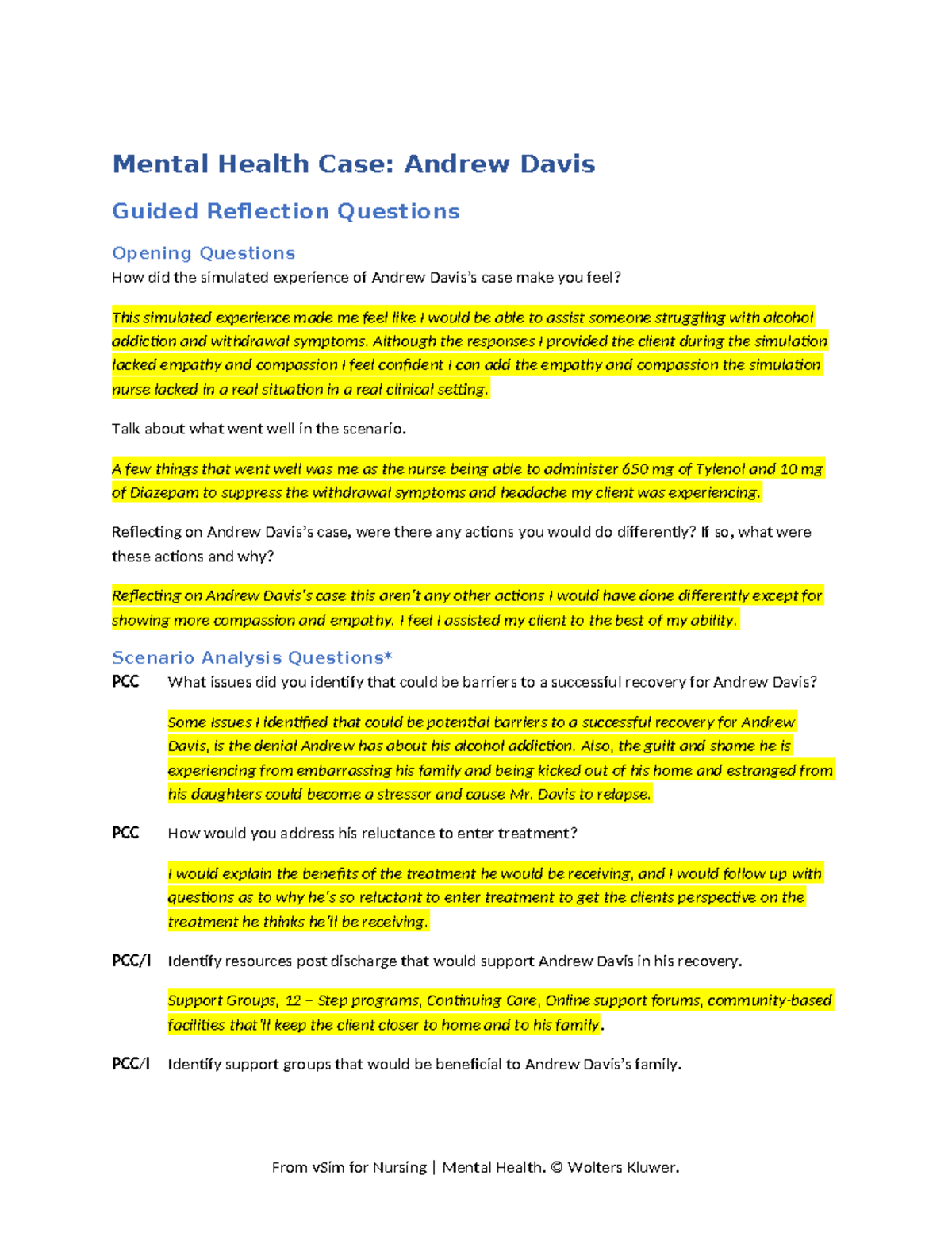 Andrew Davis - Guided Reflection - Mental Health Case: Andrew Davis Guided Reflection Questions ...