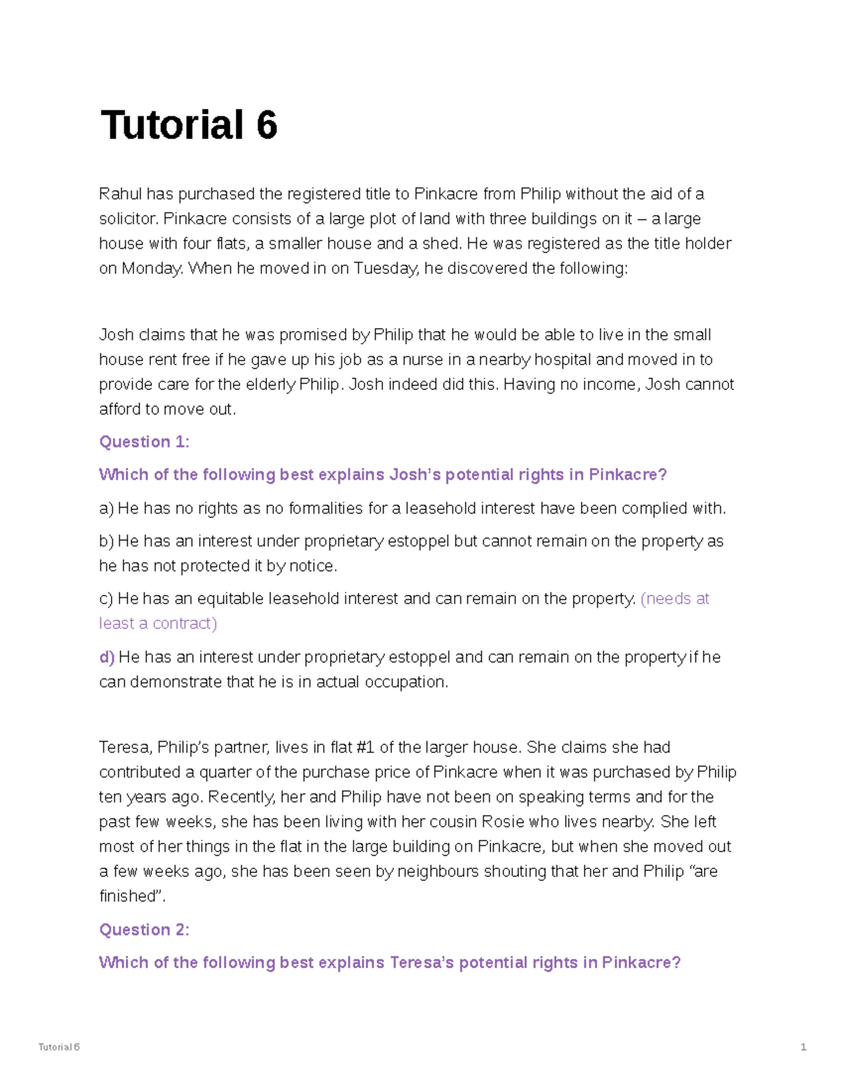 Land law tutorial 6 - Tutorial 6 Rahul has purchased the registered title to Pinkacre from ...