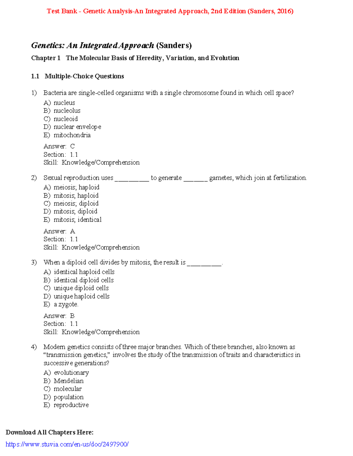 Test Bank - Genetic Analysis-An Integrated Approach, 2nd Edition ...