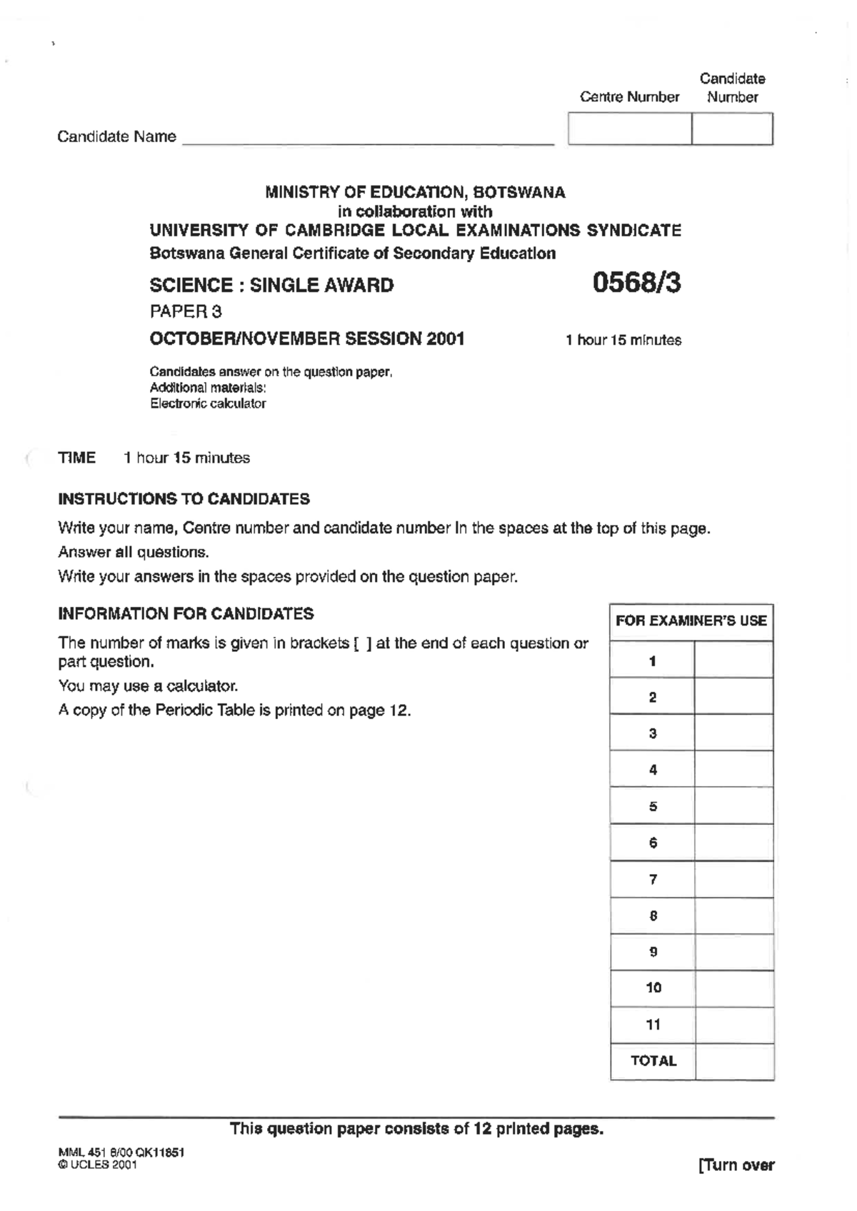Single 2001 p3 - help me revise - Candidate Centre Number Number ...