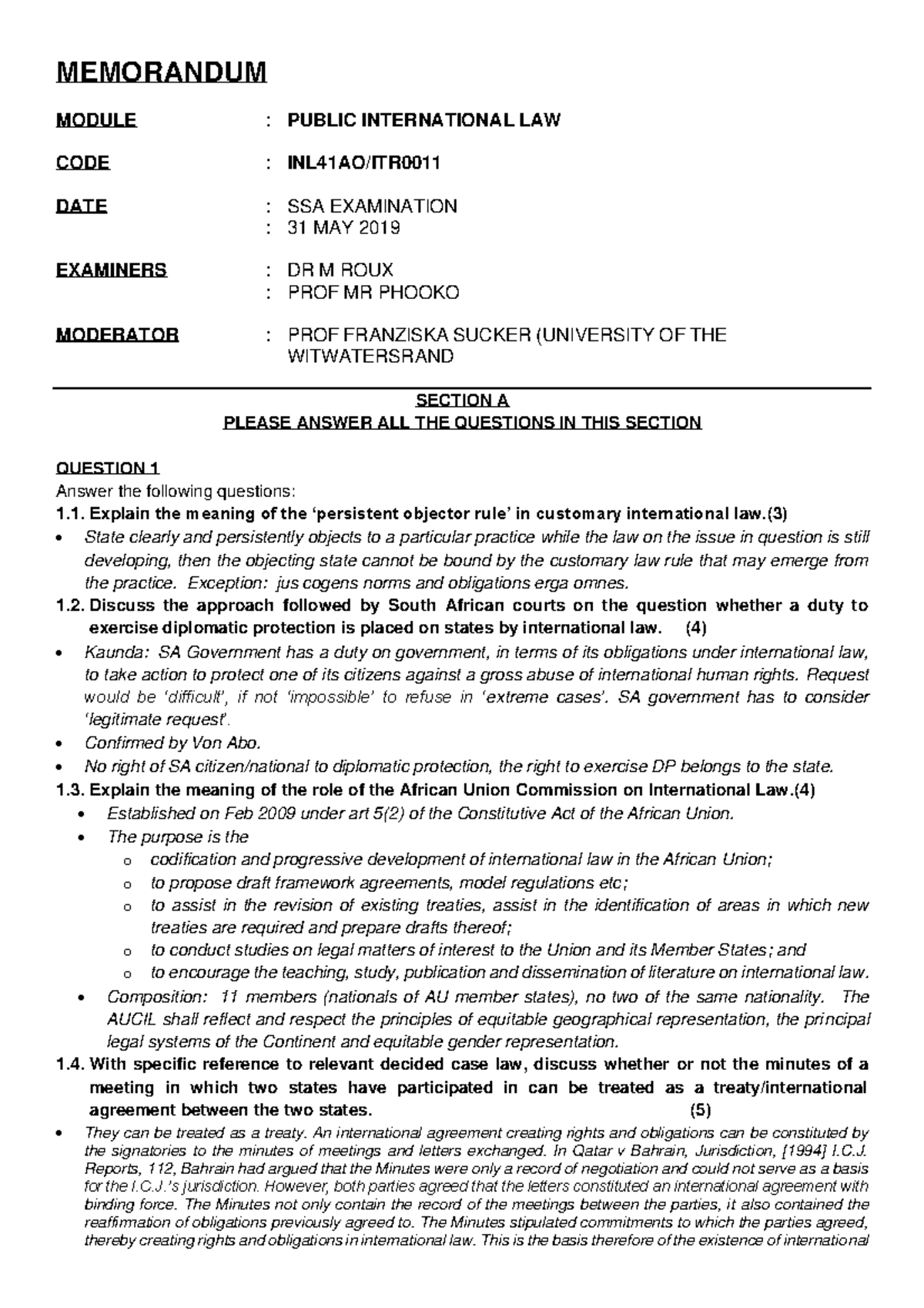 MEMO.INL41AO.ITR0011.SSA exam.2019 - MEMORANDUM MODULE : PUBLIC INTERNATIONAL LAW CODE : INL41AO ...