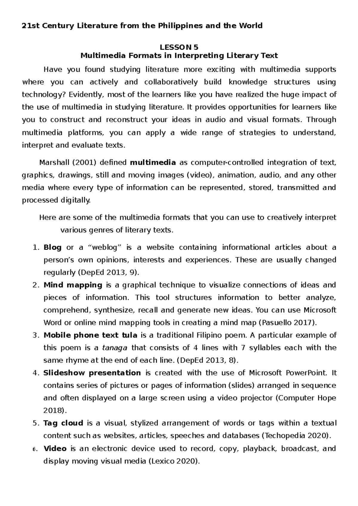 Lesson 5 Multimedia Formats - 21st Century Literature from the ...