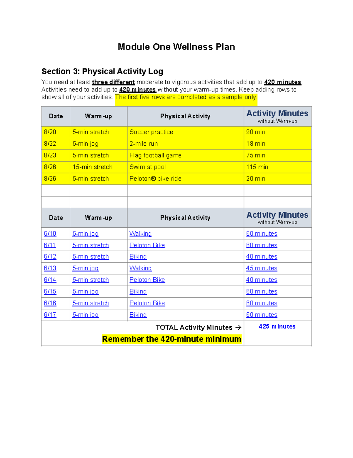 Section 3 Module 1 - Workout - Module One Wellness Plan Section 3 ...