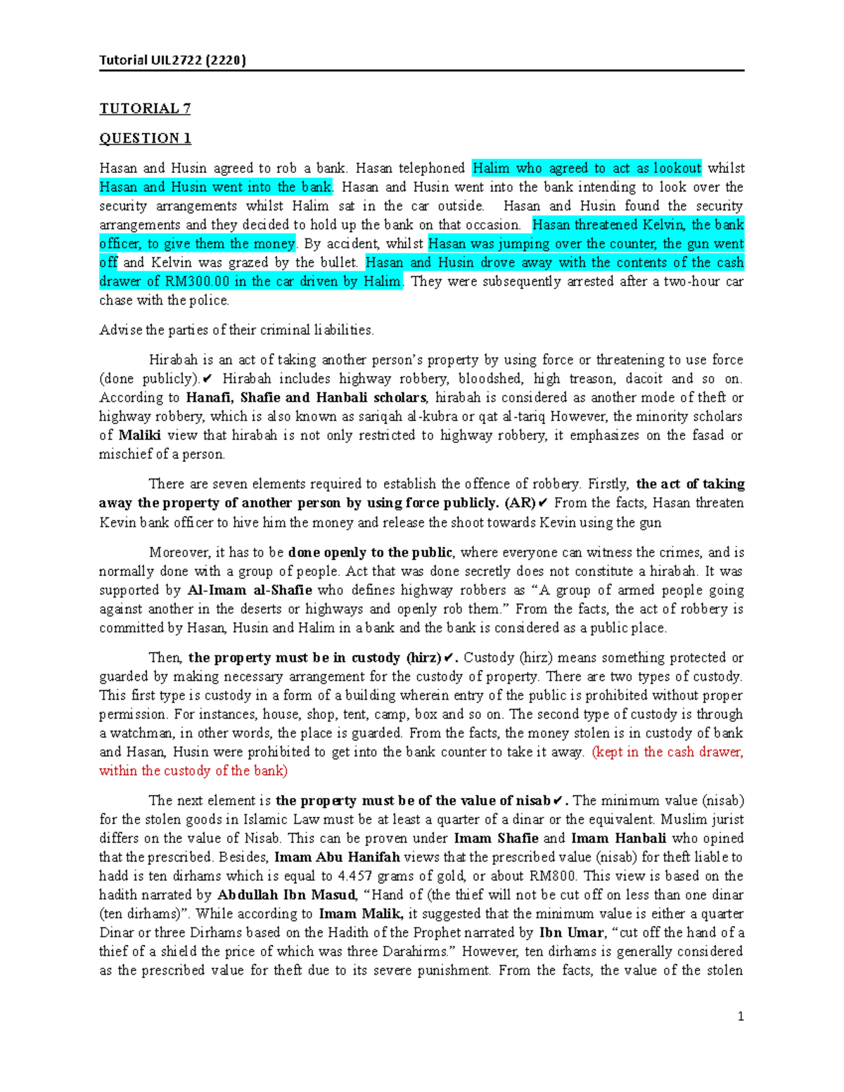 Tutorial 7 Q1, Q2 and Q3 - TUTORIAL 7 QUESTION 1 Hasan and Husin agreed ...