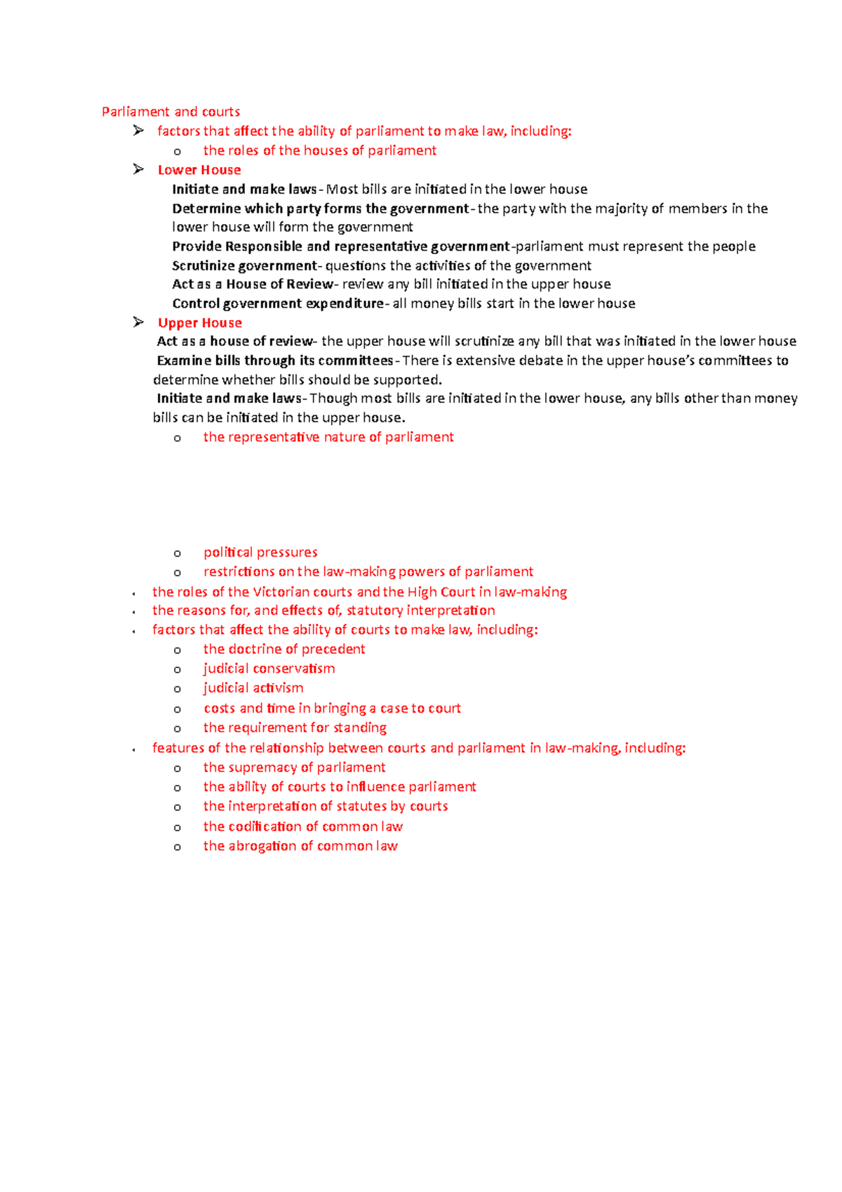 AOS 2 summary sheet unit 4 - Parliament and courts factors that affect ...