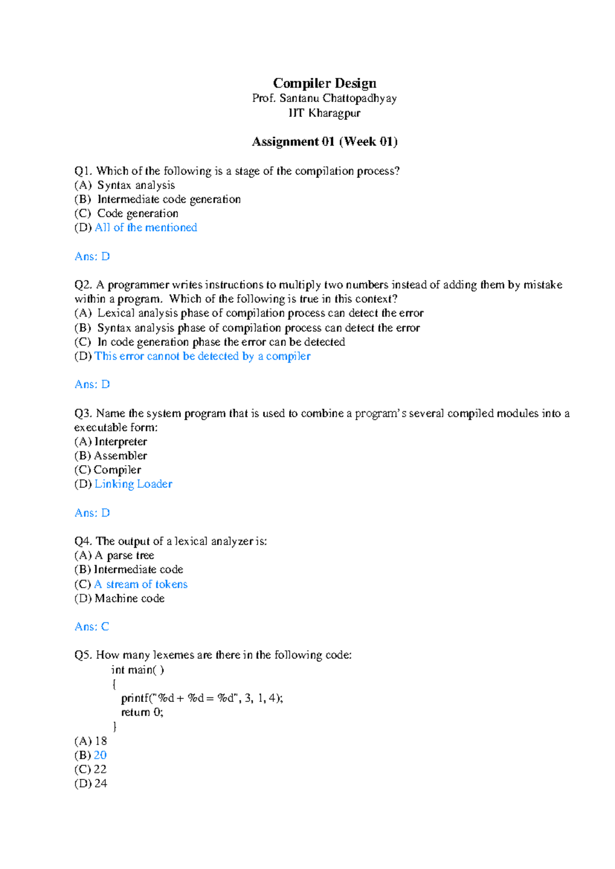 Assignment 01-Solution - Compiler Design Prof. Santanu Chattopadhyay IIT Kharagpur Assignment 01 ...