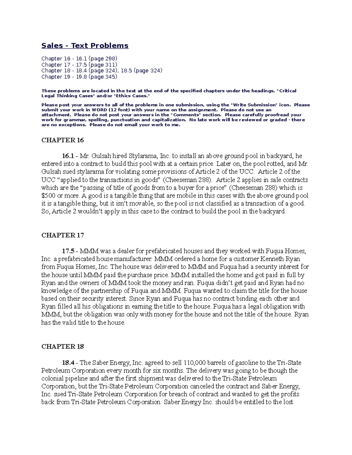 Sales - Text Problems - Sales Text Problems Chapter 16 16 (page 298 ...