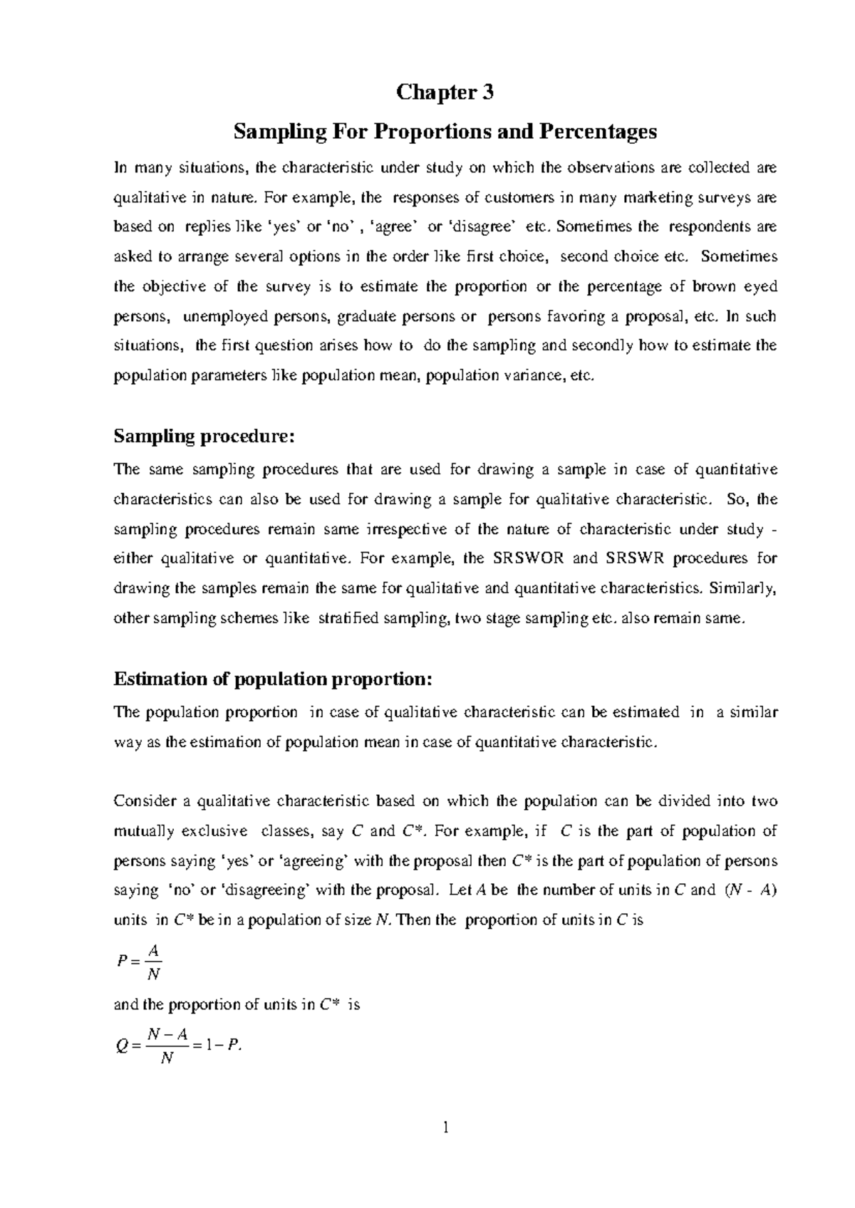 Chapter 3 sampling proportions percentages - Chapter 3 Sampling For ...