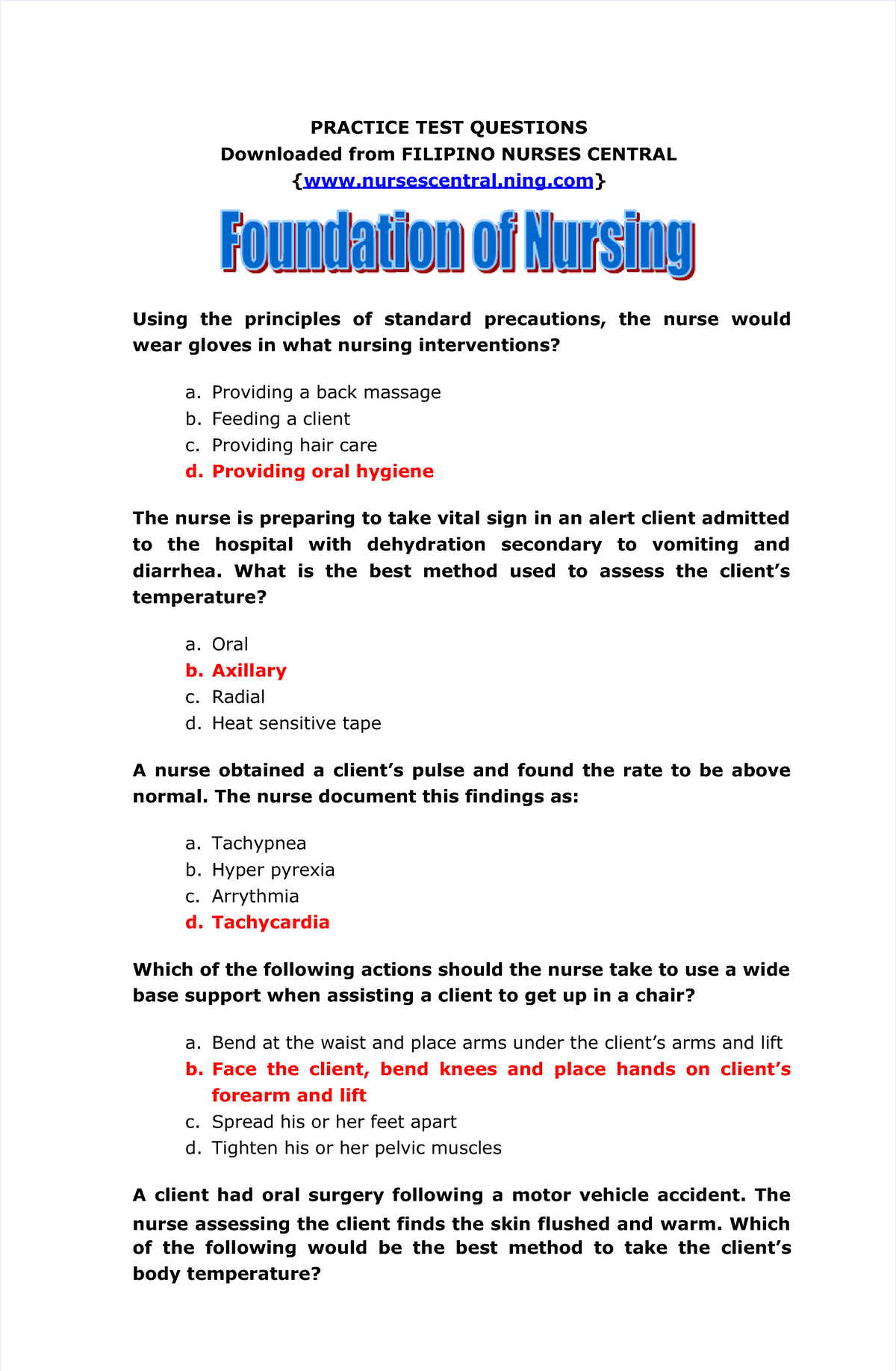 Fundamentals of nursing 4 - PRACTICE TEST QUESTIONSPRACTICE TEST ...