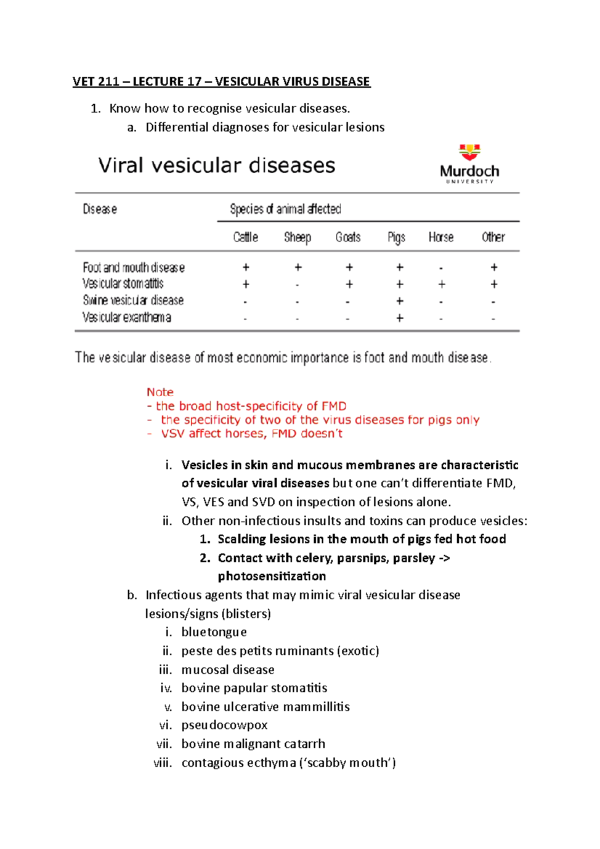 Lecture 17 - Virology - VET 211 – LECTURE 17 – VESICULAR VIRUS DISEASE ...