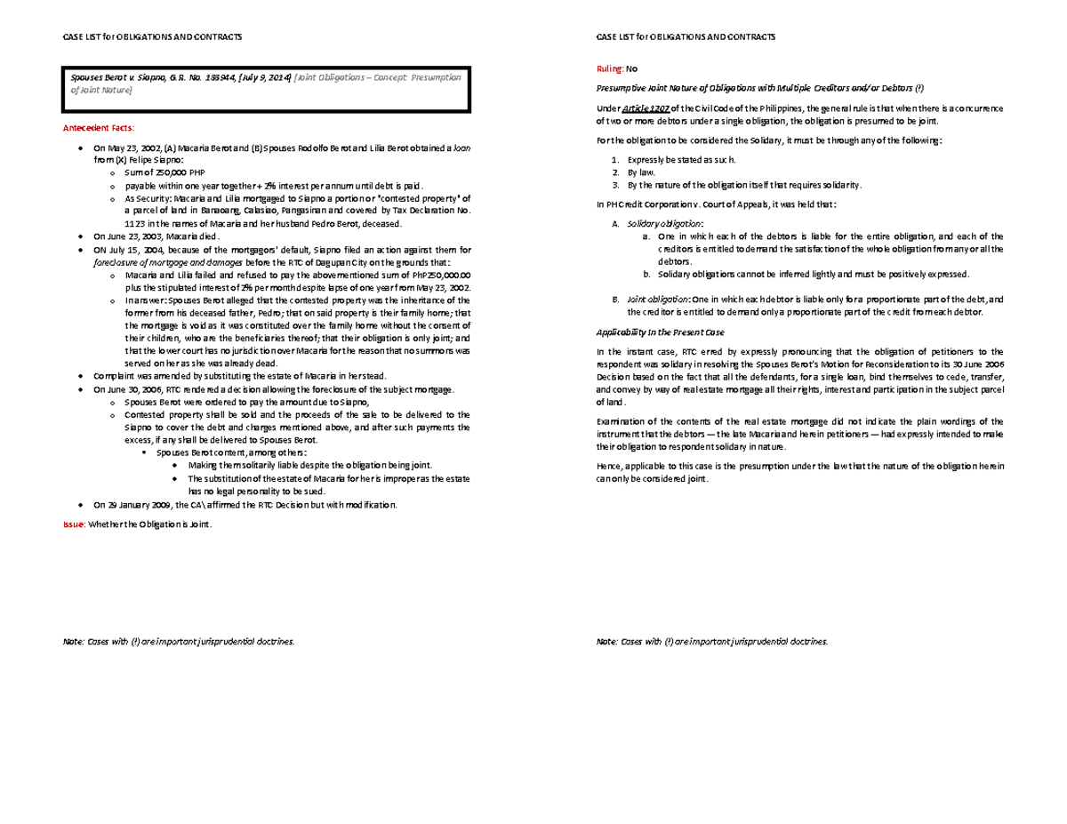 Case List for Obligations and Contracts - Joint Obligations - CASE LIST ...