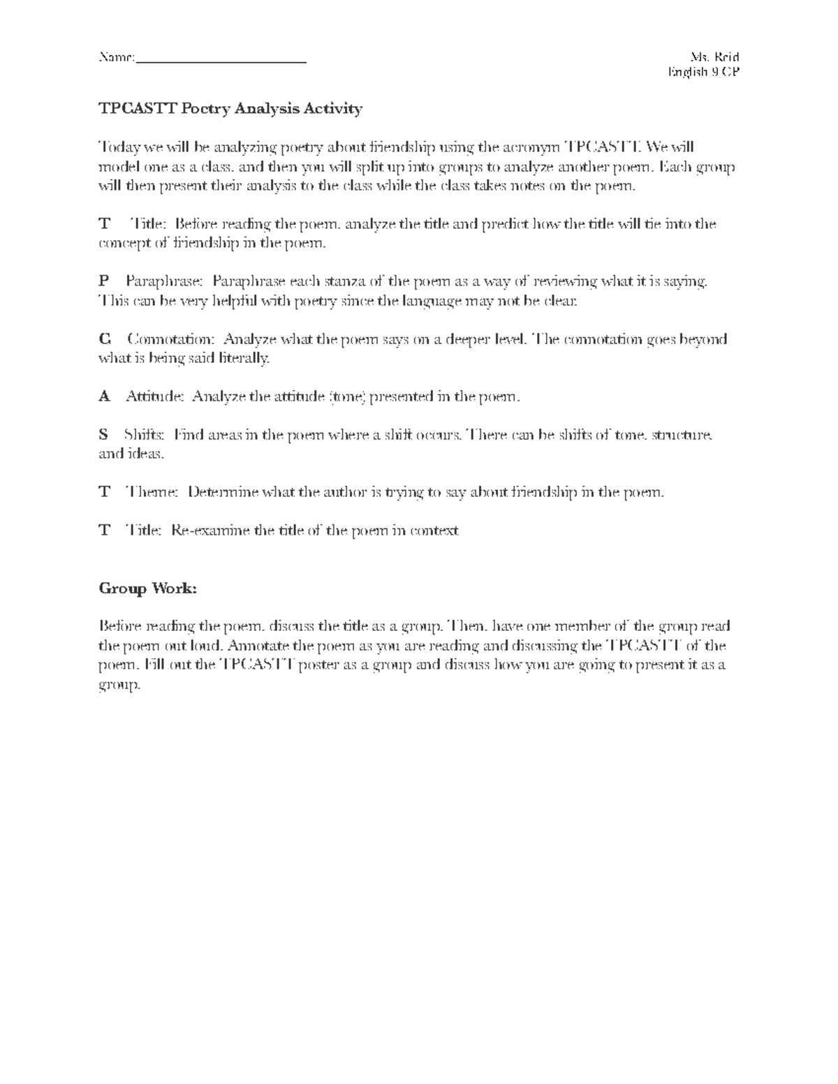 Friendship Poems Tpcastt Handout - English 9 CP ####### TPCASTT Poetry ...