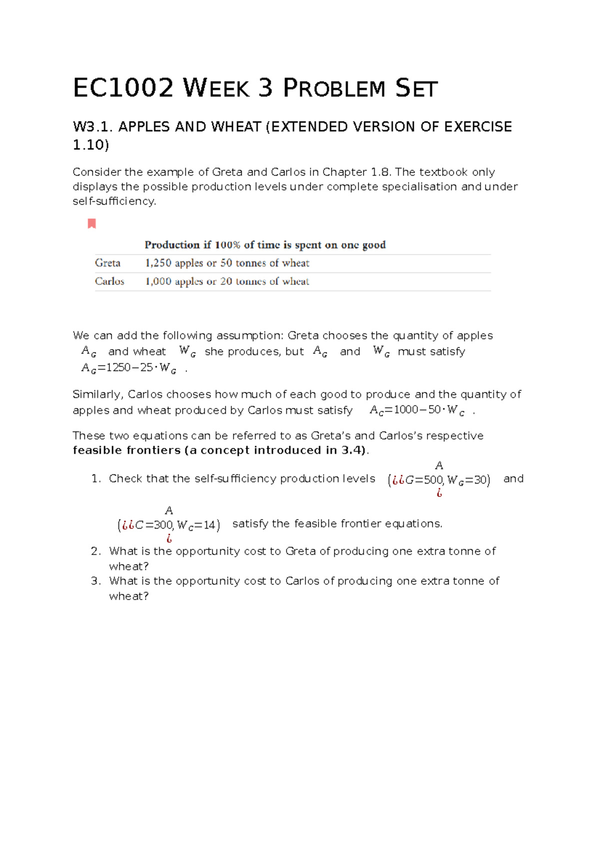 EC1002 Week 3 Tutorial - EC1002 WEEK 3 PROBLEM SET W3. APPLES AND WHEAT ...