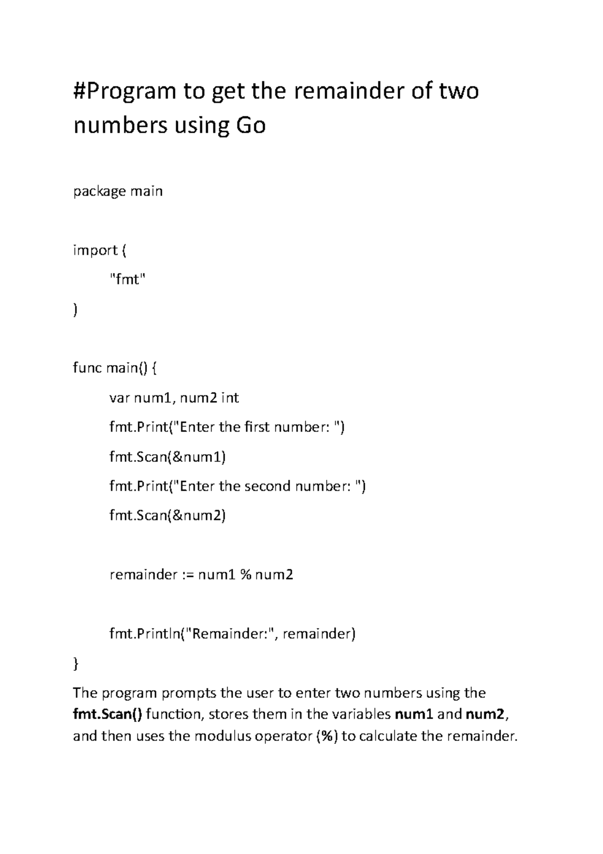 Remainder of two numbers - Go - #Program to get the remainder of two ...