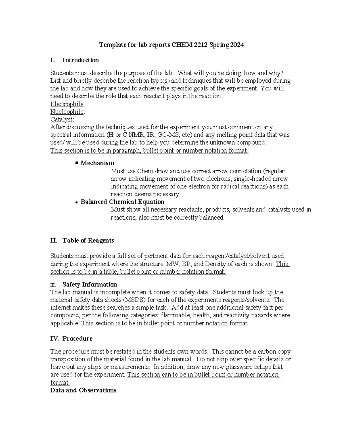 Lab Report Grading Template - Template for lab reports CHEM 2212 Spring 2024 I. Introduction ...