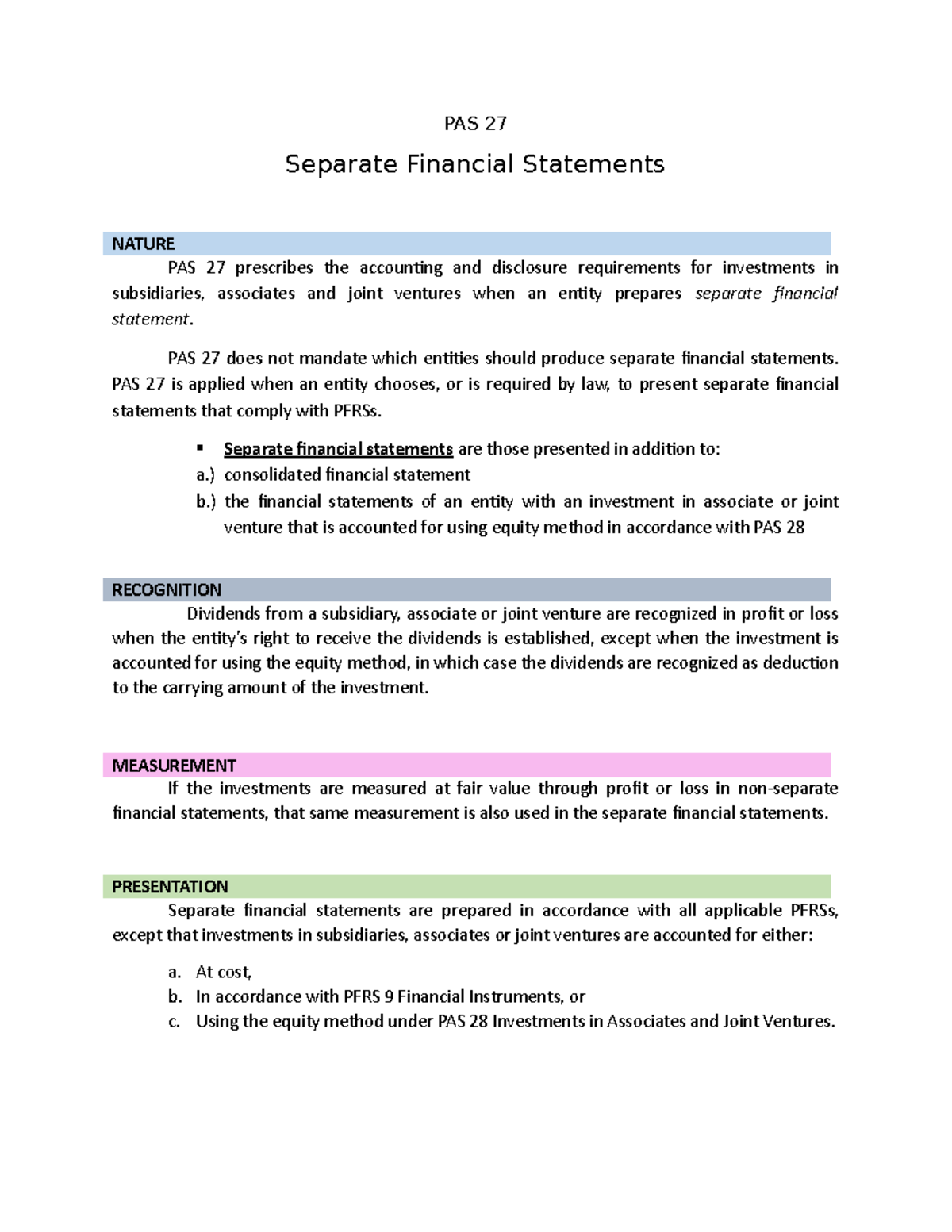 PAS 27 - Lecture notes 27 - PAS 27 Separate Financial Statements NATURE ...