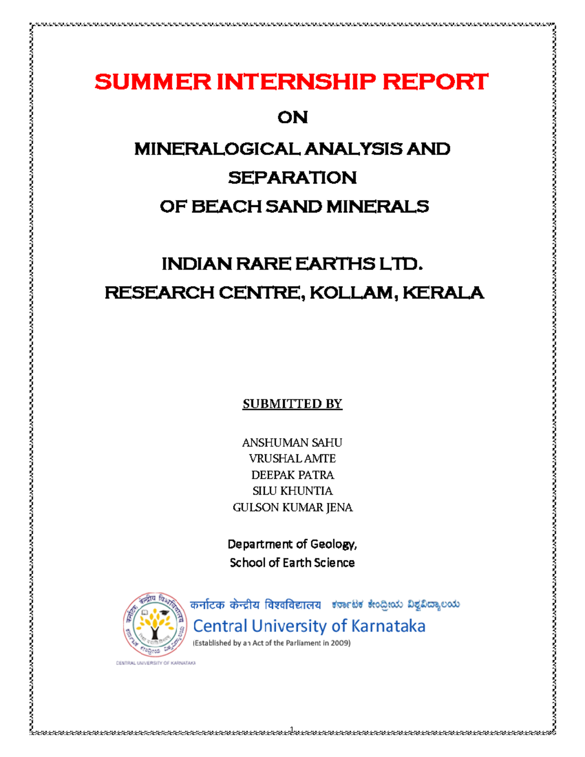 CUK IREL Report JUNE 2016 - SUMMER INTERNSHIP REPORT ON MINERALOGICAL ...