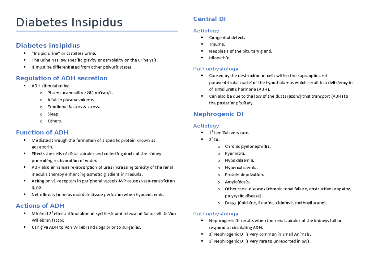 Diabetes Insipidus - Lecture by Dr M Combs - VSC420 - CSU - Studocu