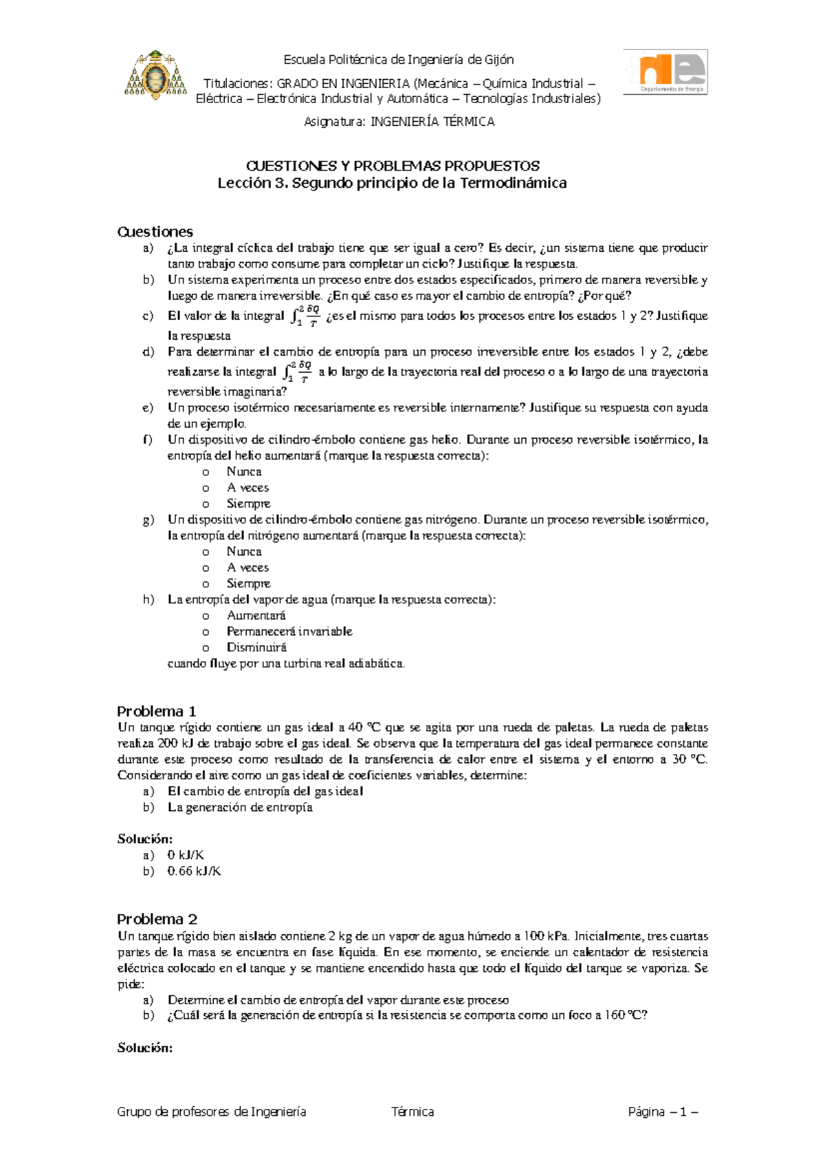 Problemas Termo tema 3 - Grupo de profesores de Ingeniería Térmica Página – 1 – Escuela ...