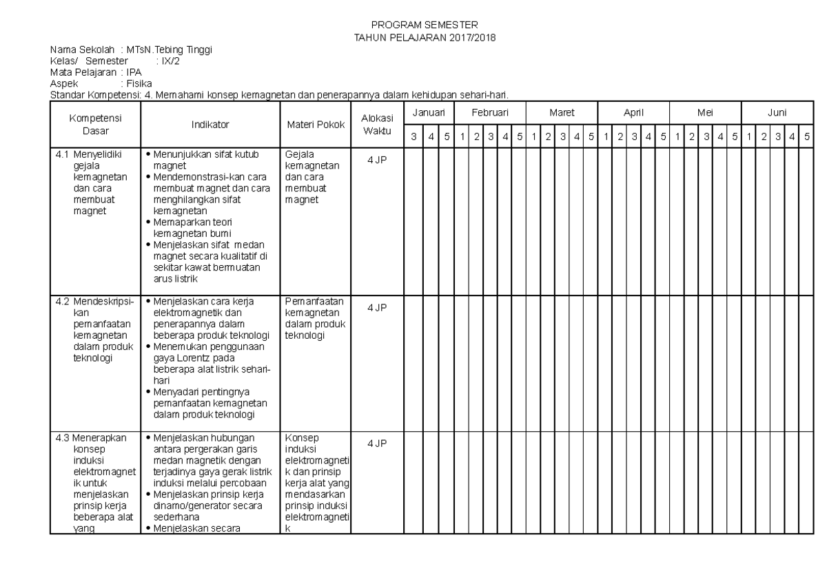 PROSEM Kelas IX - 2 - PROGRAM SEMESTER TAHUN PELAJARAN 2017/ Nama ...