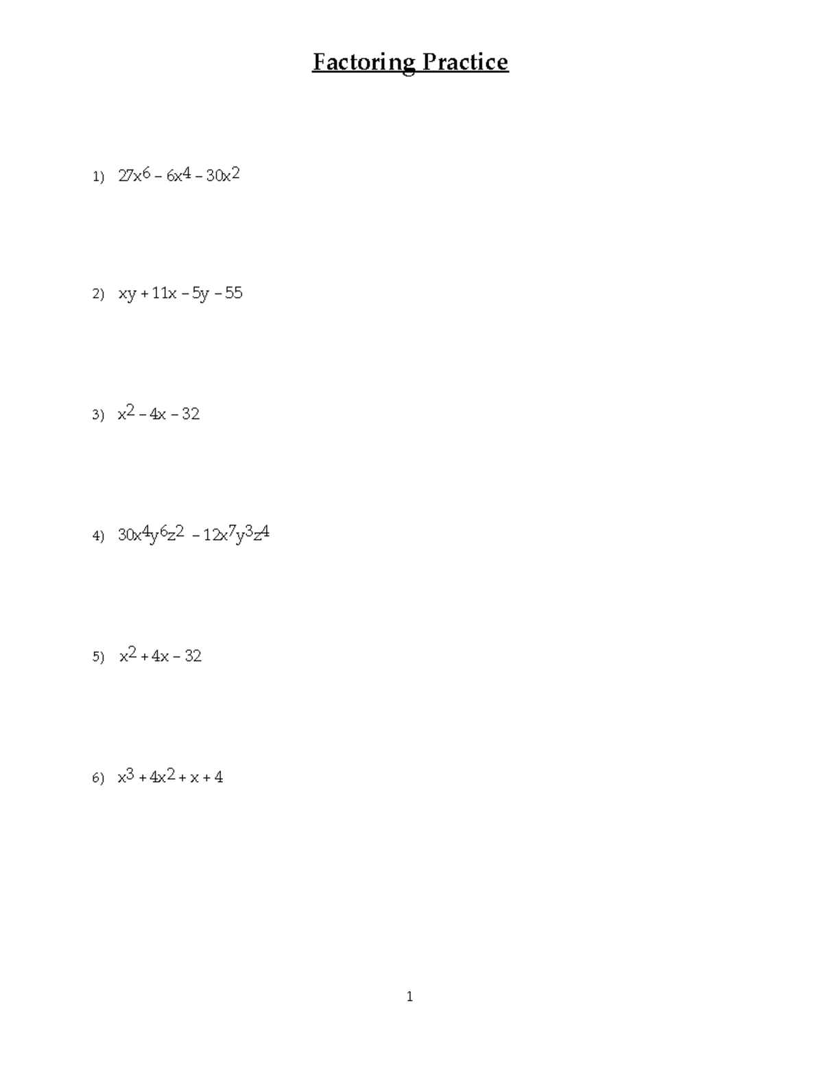 Factoring Practice GCF, FBG, x^2+bx+c - MATH 1021 - Factoring Practice ...