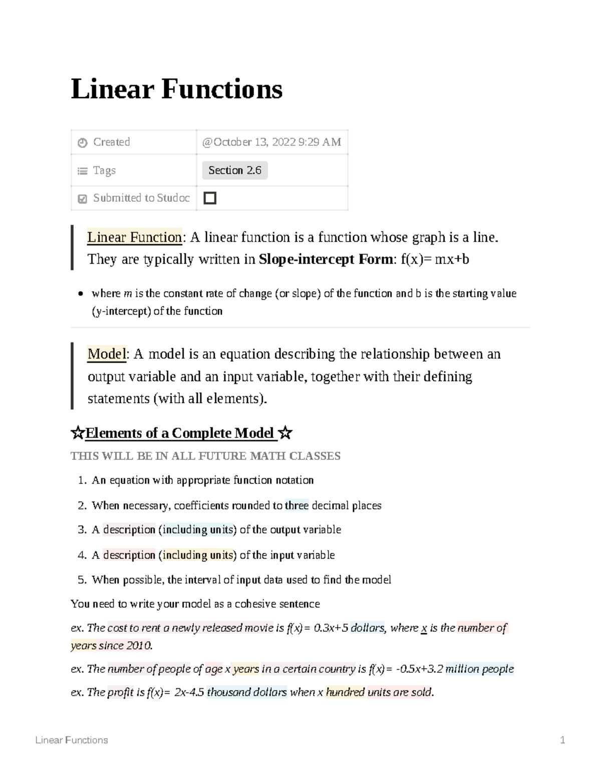 Linear Functions - Submitted to Studoc Linear Function: A linear function is a function whose ...
