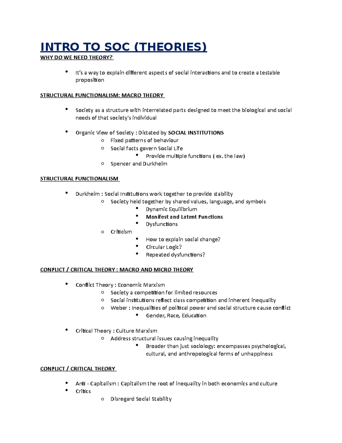 INTRO TO SOC - Theories - INTRO TO SOC (THEORIES) WHY DO WE NEED THEORY ...