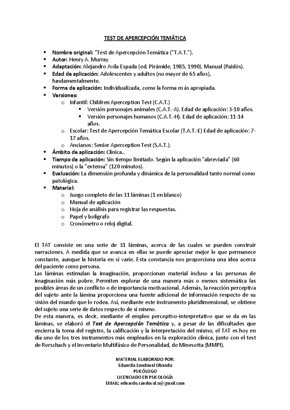 TAT Material Elaborado POR any - MATERIAL ELABORADO POR: Eduardo ...