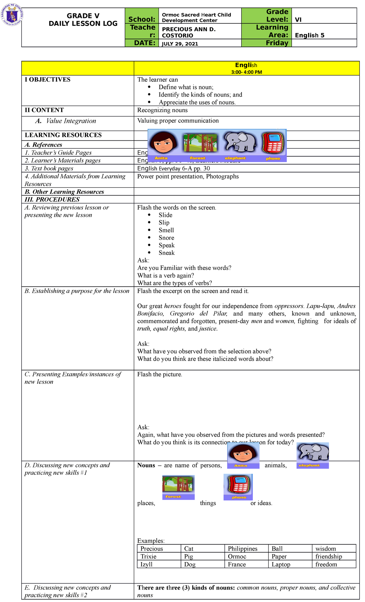 Enlishlp - Lesson plan in English - GRADE V DAILY LESSON LOG Grade ...