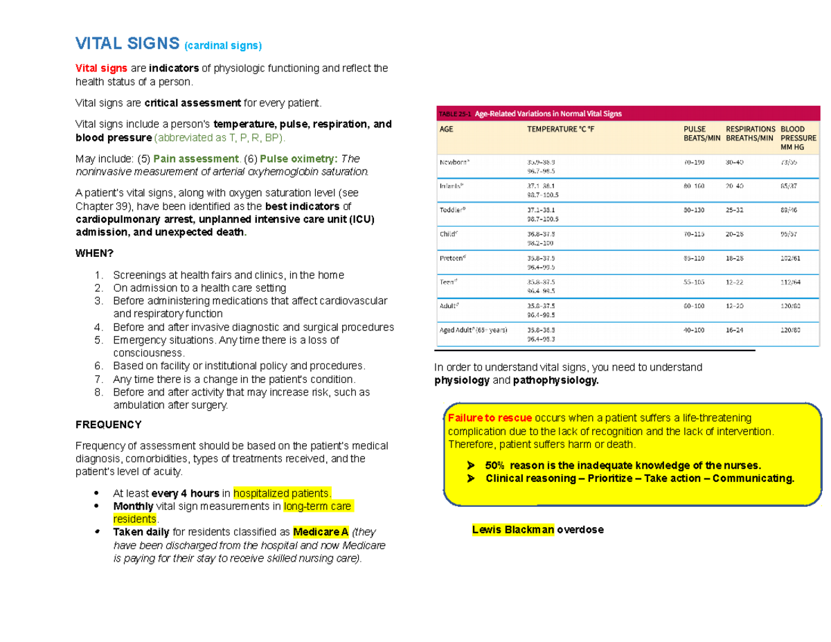1- Vital Signs - Review before exam - VITAL SIGNS (cardinal signs ...