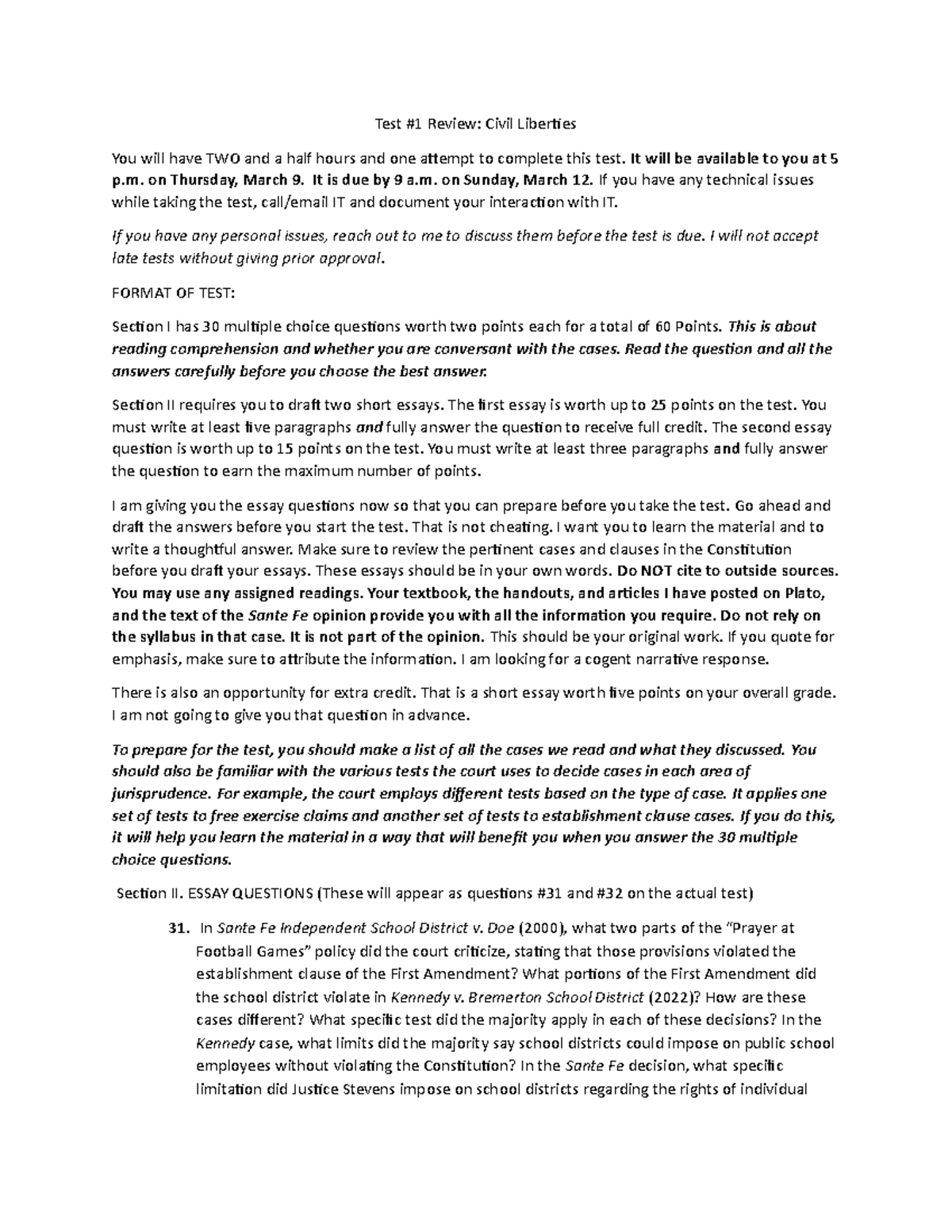 Review Test One Civ Lib 2023(1) - Test #1 Review: Civil Liberties You ...