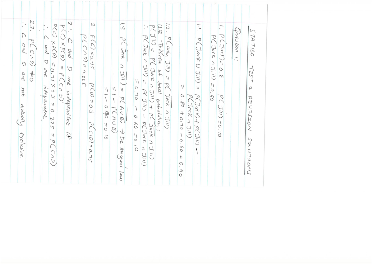 STAT130 Test 2 Revision Solutions - STAT140P2 - Studocu