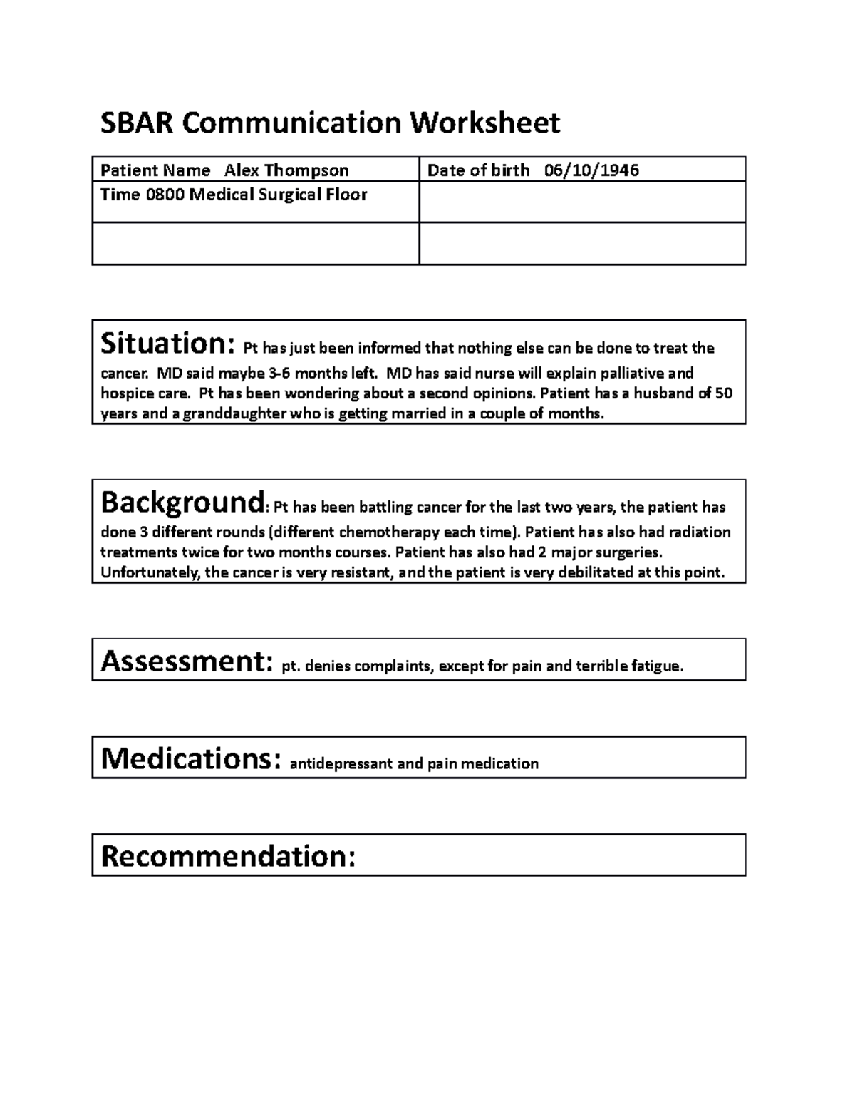 SBAR Communication Worksheet-3 - SBAR Communication Worksheet Patient ...