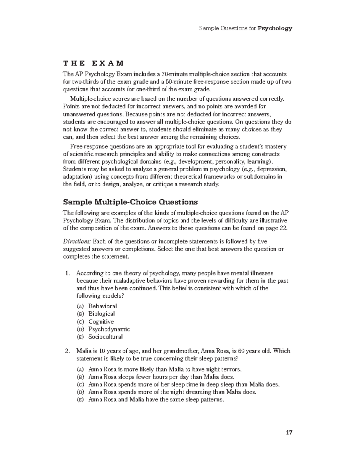 AP Psychology Practice Questions - T H E E X A M The AP Psychology Exam ...