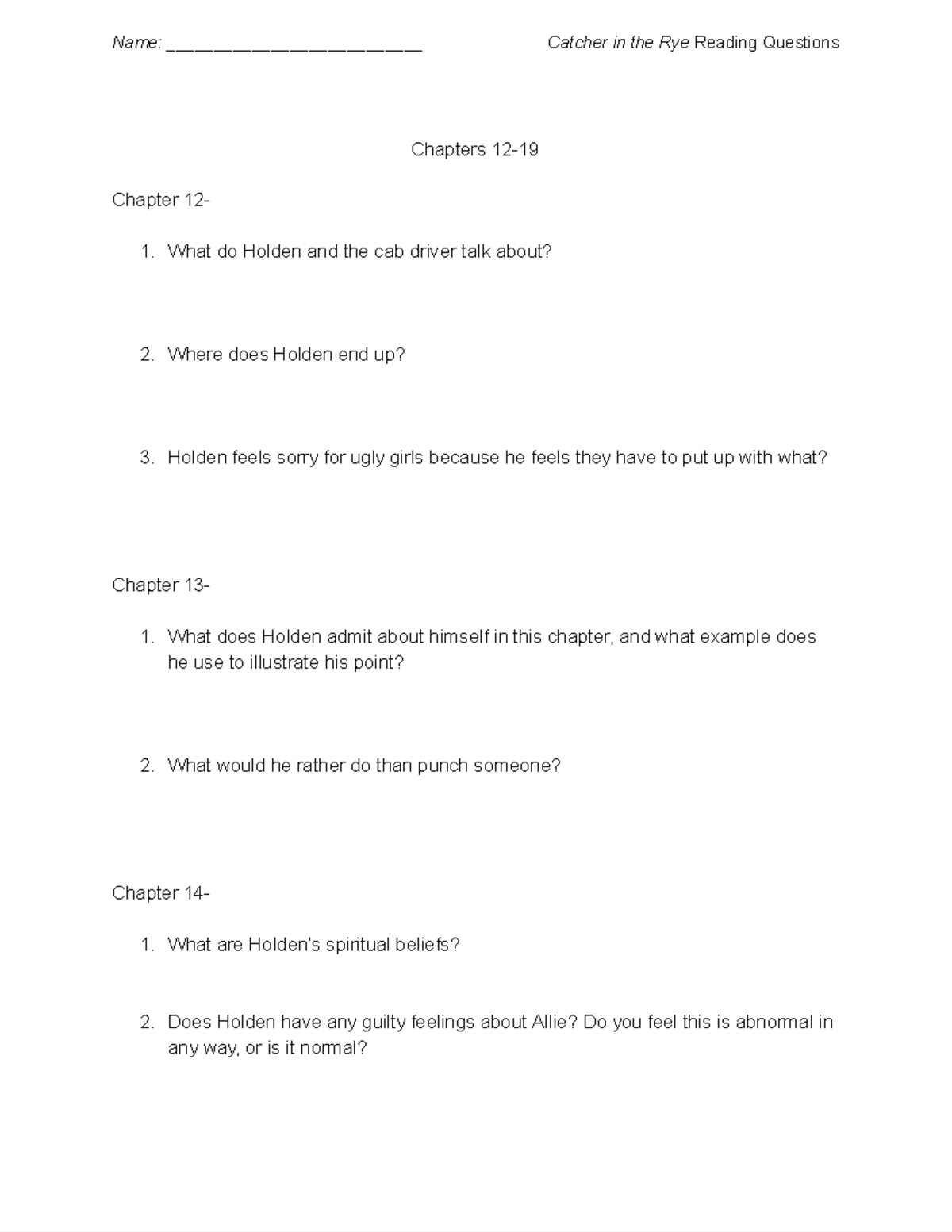 Catcher in the Rye Reading Questions Chapters 12-19 Comp Questions ...