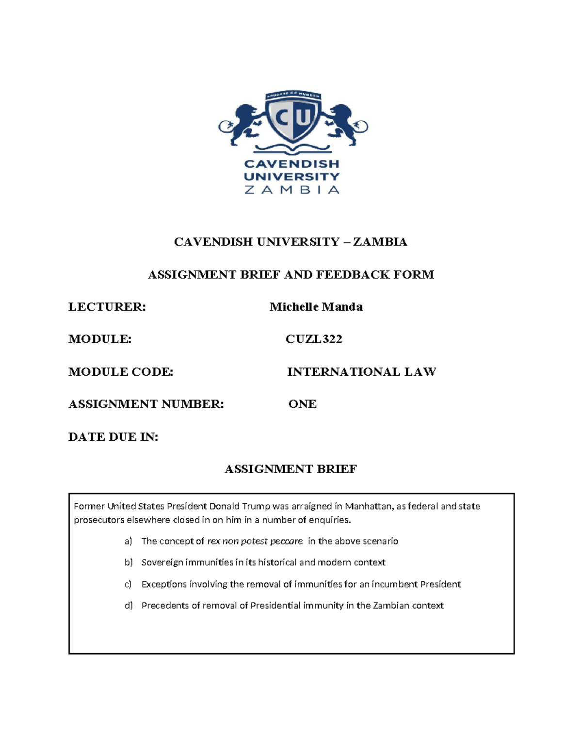 Assignment - International Law - CAVENDISH UNIVERSITY – ZAMBIA ASSIGNMENT BRIEF AND FEEDBACK ...