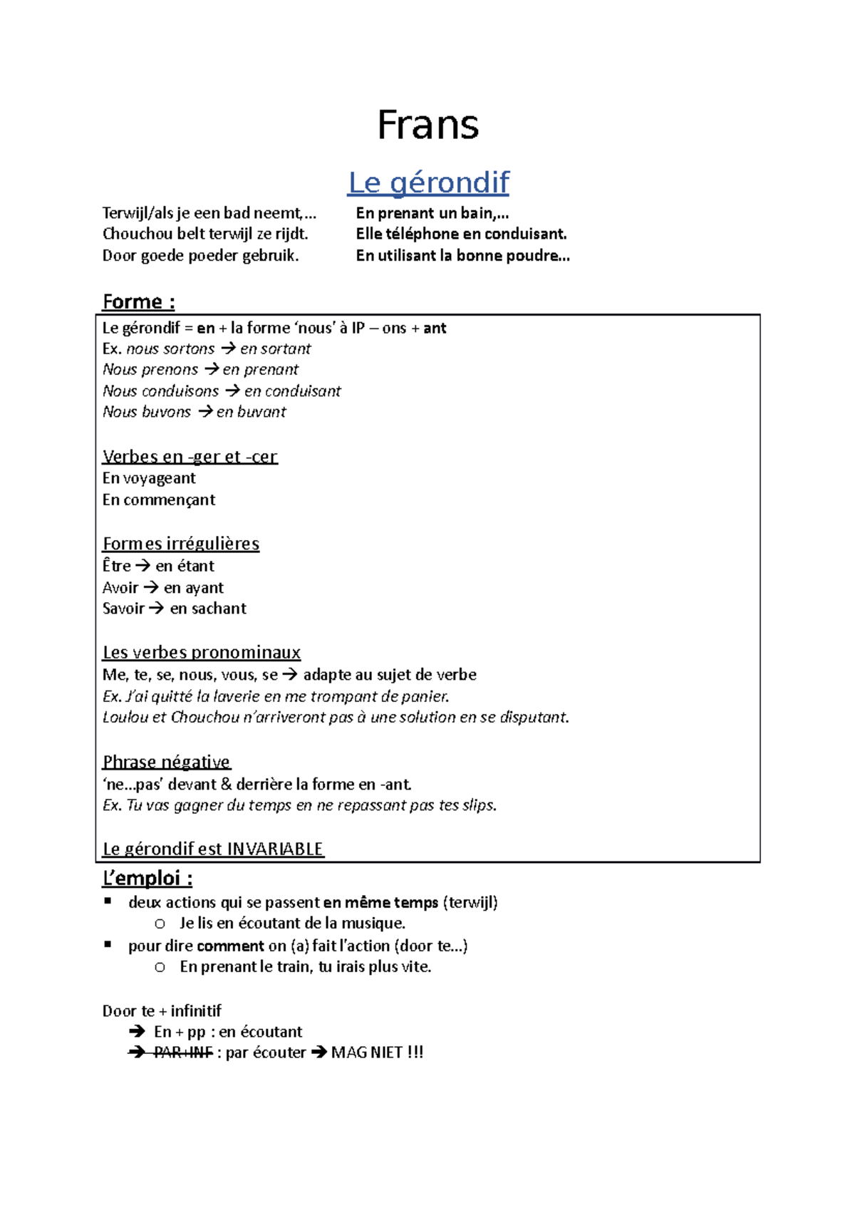 Frans 'Le gérondif' - Samenvatting 4de middelbaar - Frans Le gérondif ...