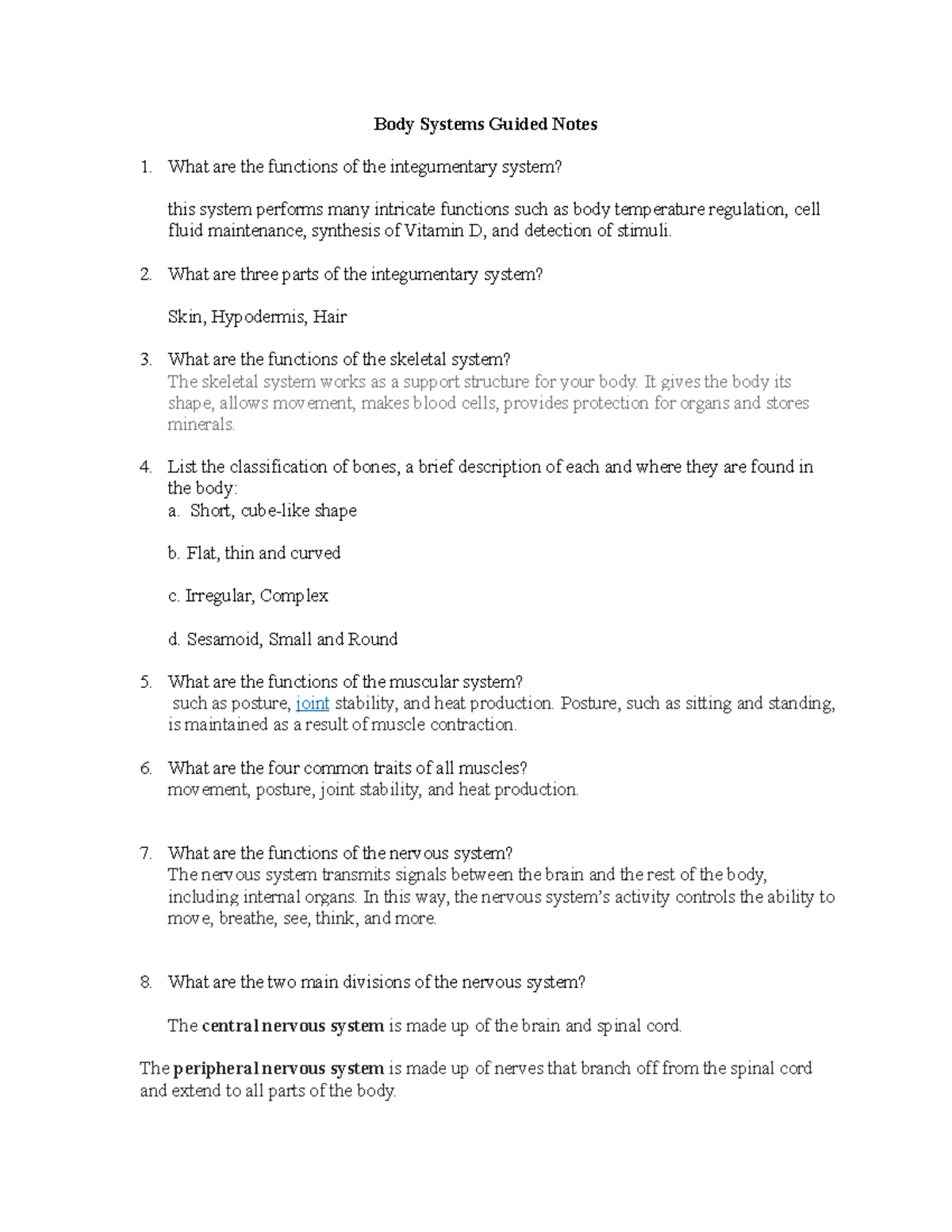 Body Systems Worksheet -1 - Body Systems Guided Notes What are the ...