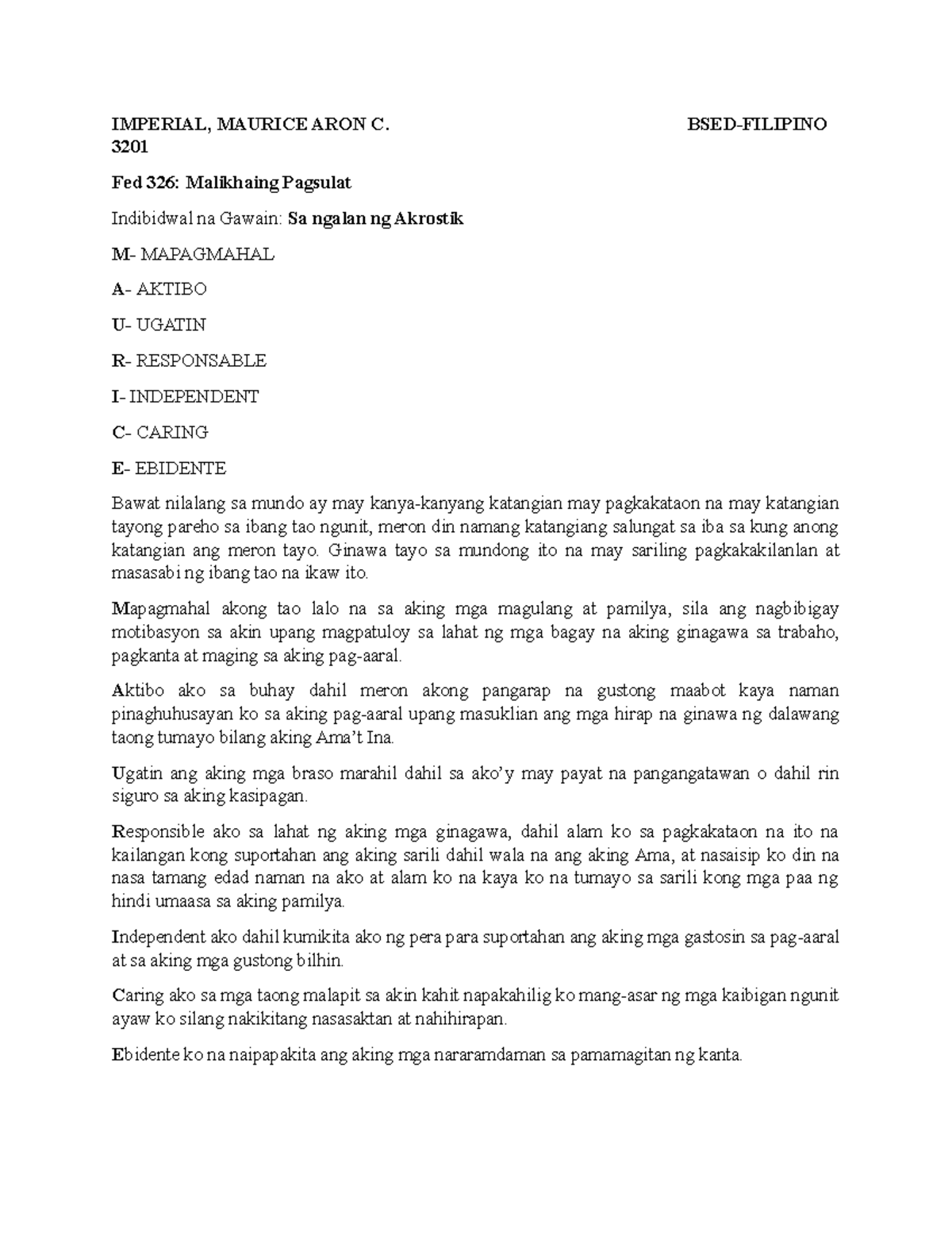FED-326 Akrostik - .... - IMPERIAL, MAURICE ARON C. BSED-FILIPINO 3201 ...
